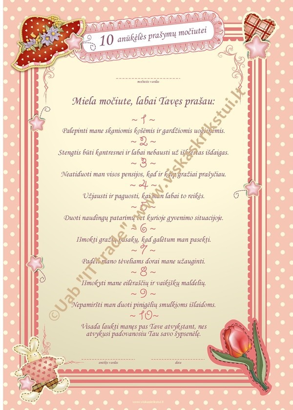 10 anūkėlės prašymų močiutei | Krikšto prekių parduotuvė