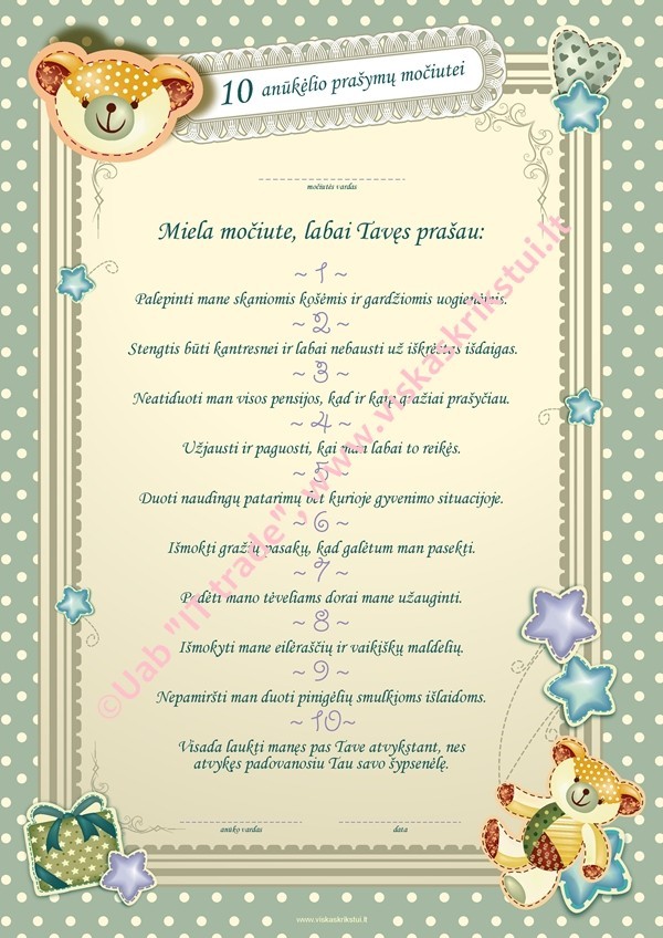 10 anūkėlio prašymų močiutei | Krikšto prekių parduotuvė