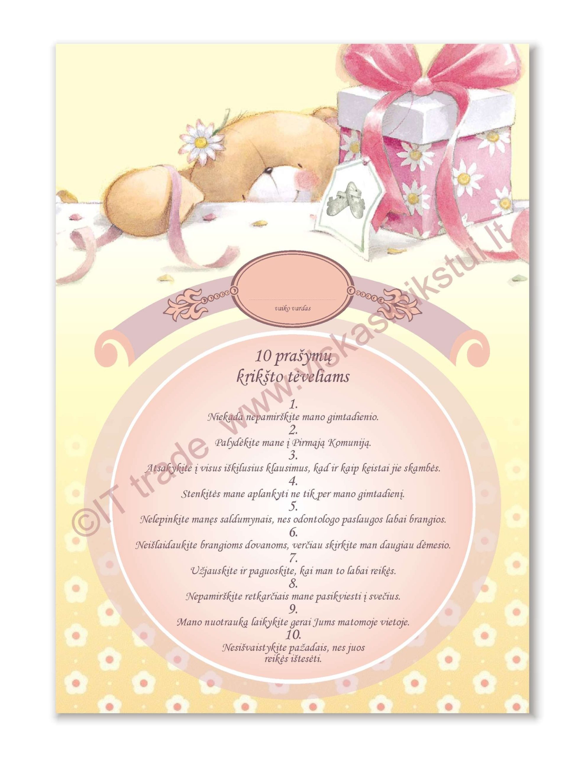 10 prašymų krikšto tėveliams (geltonas) | Krikšto prekių parduotuvė